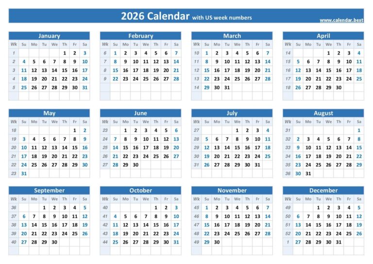 2026 Calendar With Week Numbers Printable - Free Printable Template